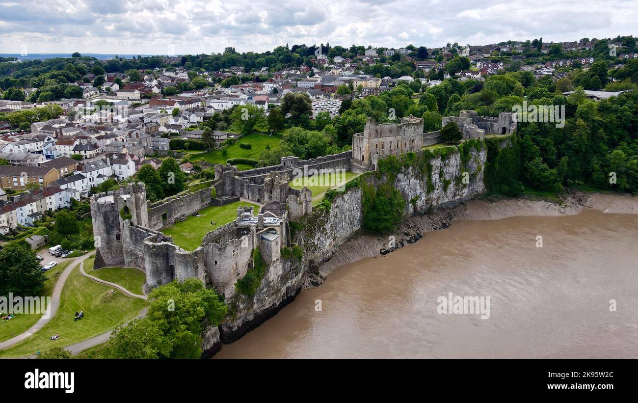A beautiful scenery of the Chepstow castle from the air at the River ...