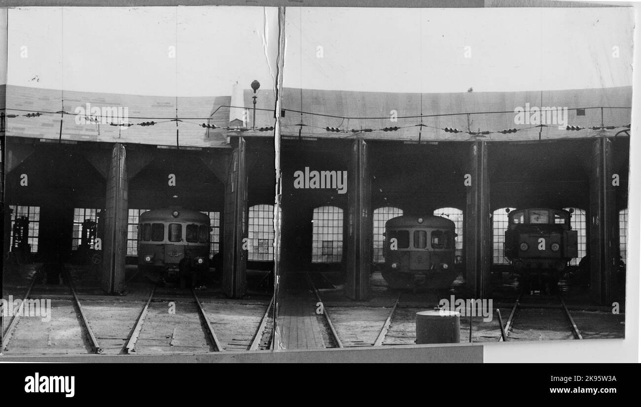 State Railways, SJ. Lokstall in Vännäs with two rail buses and a ...
