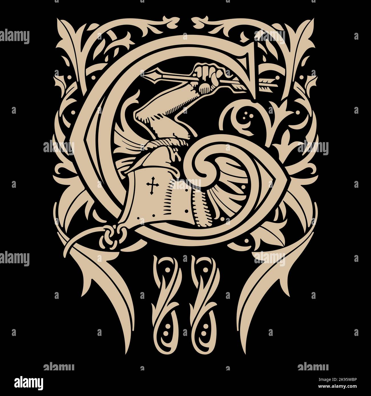 Medieval style design. Letter G painted in vintage retro style, knight ...