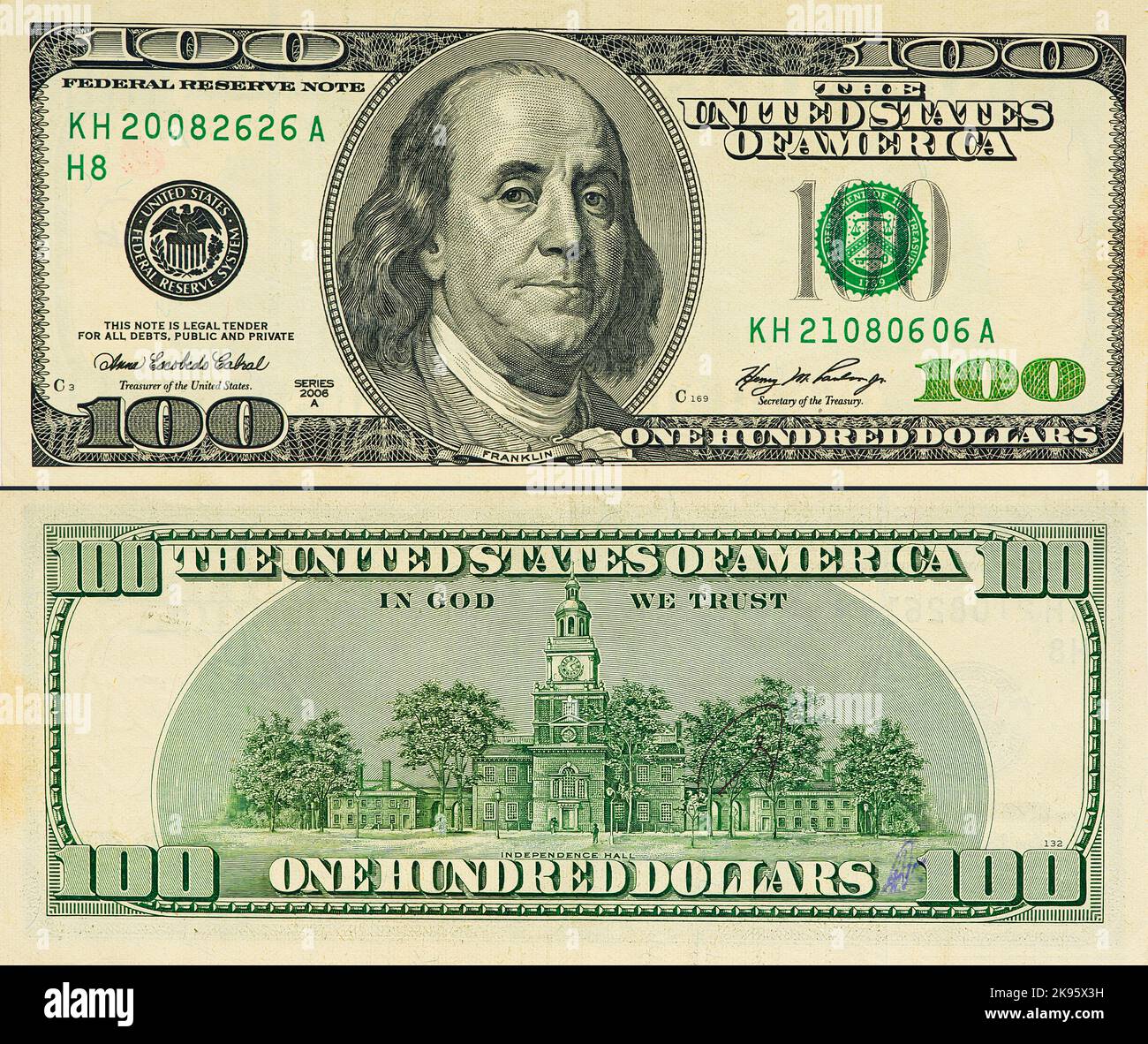 Large fragment of 100 hundred dollars bill banknote. Old American money ...