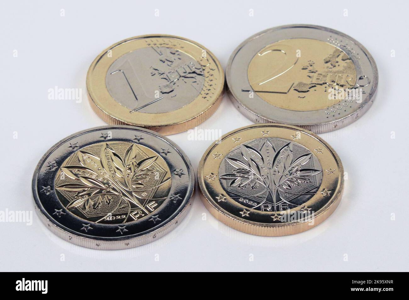 France, Paris, new French 1 and 2 euro coins with new design, year 2022 ...