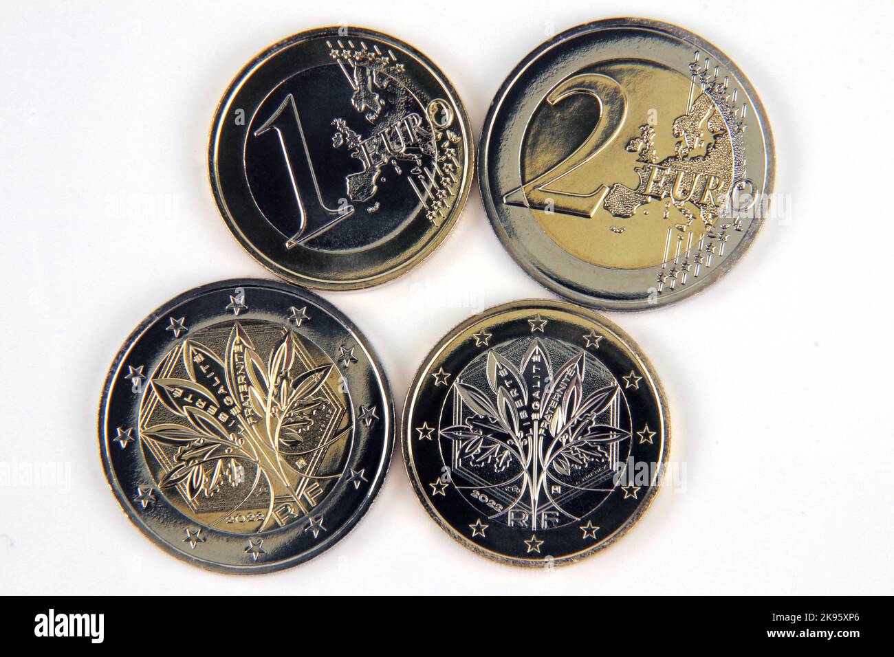France, Paris, new French 1 and 2 euro coins with new design, year 2022 ...