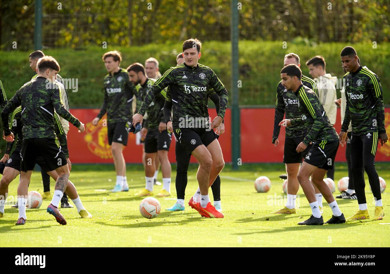 Manchester United's Harry Maguire (centre) during a training session at ...
