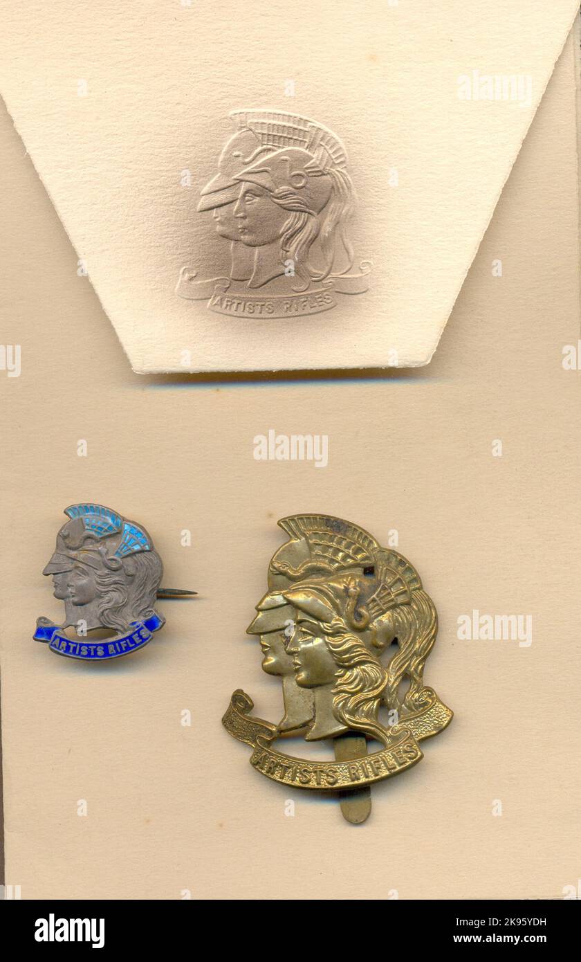 Writing paper and two badges for the The Artists Rifles circa 1905 ...