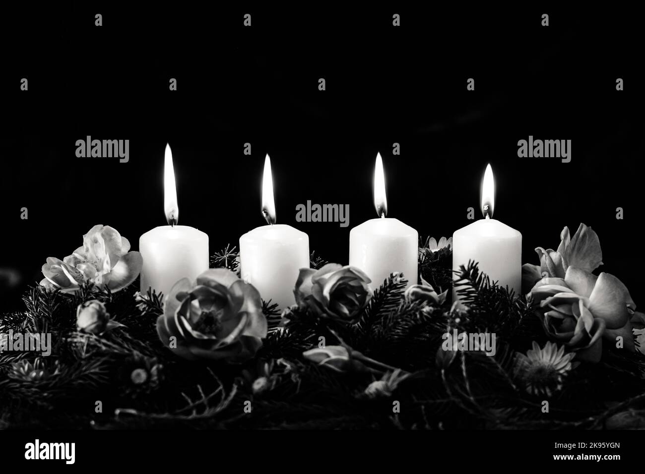 fourth burning advent candle on decorated rose flower monochrome advent ...