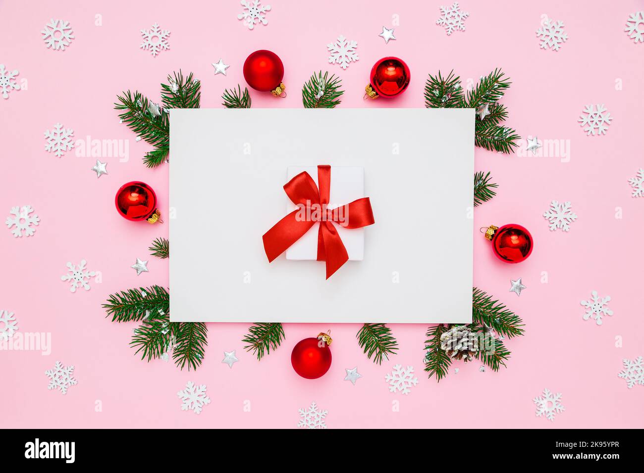 Christmas, New Year holiday layout. White gift box with red bow in ...