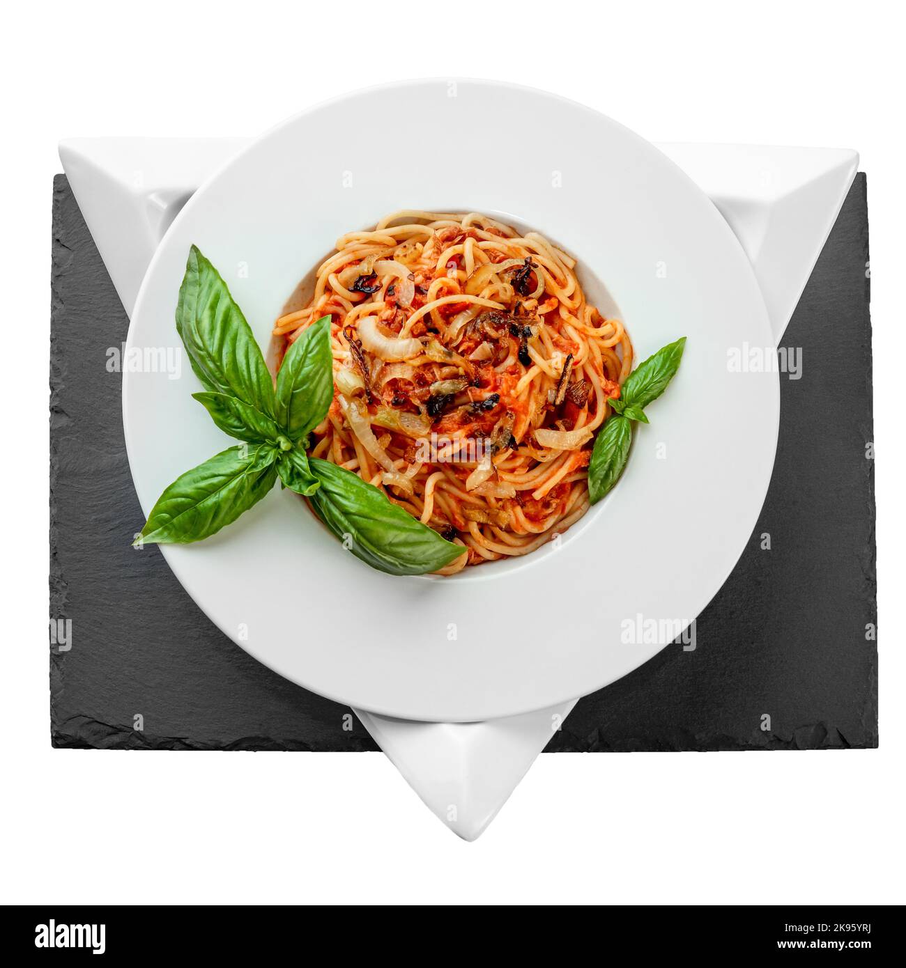 Spaghetti tuna pasta basil plate triangle shape slate table pretty ...