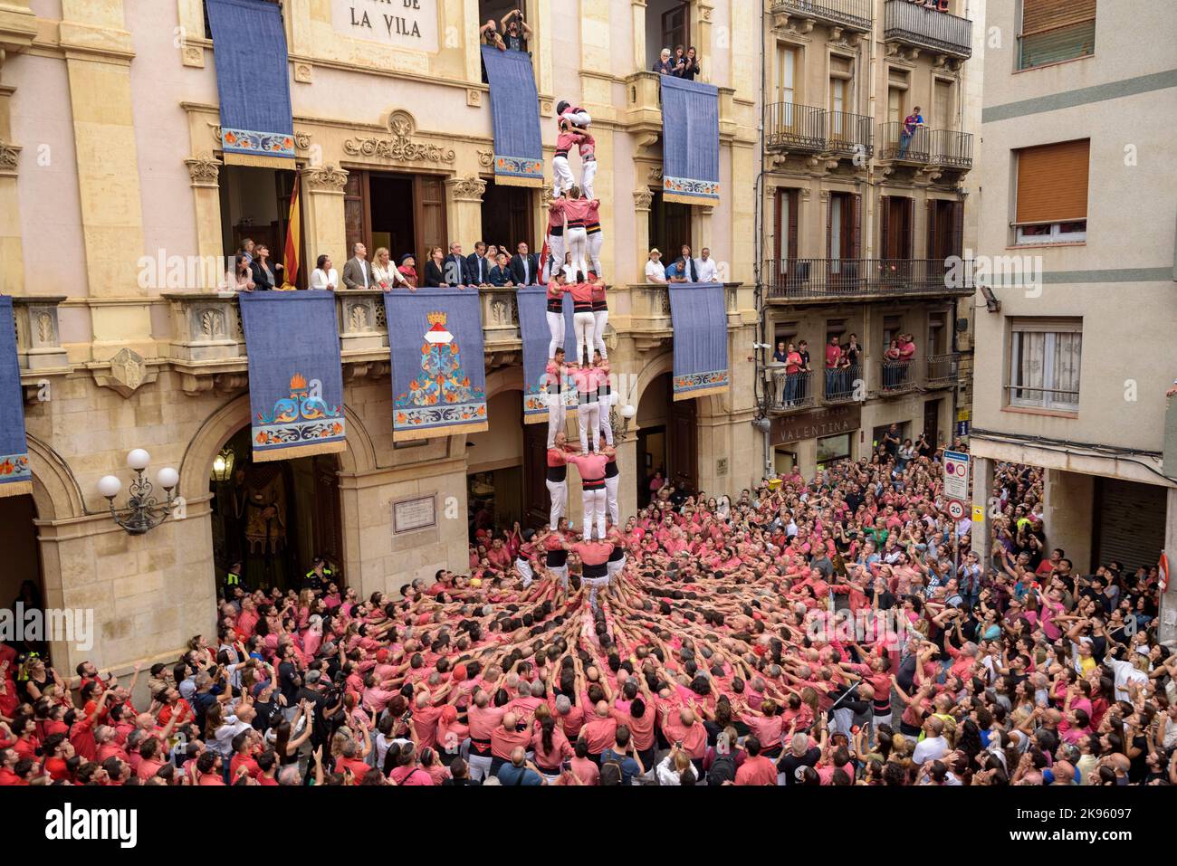 Raising a Castell (human tower) "3 of 9" of the Colla Vella dels ...