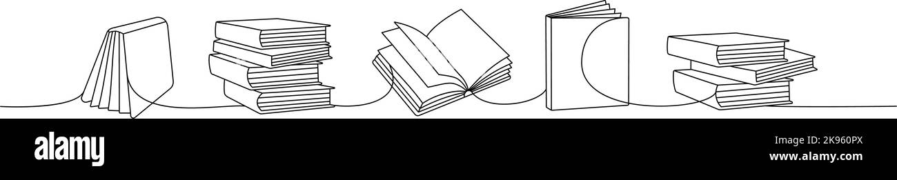 Set of books one line continuous drawing. Bookstore, library continuous ...