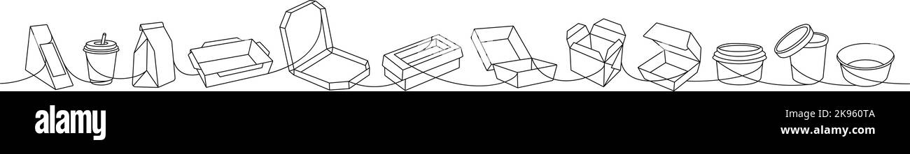Takeaway cardboard boxes one line continuous drawing. Empty cardboard ...