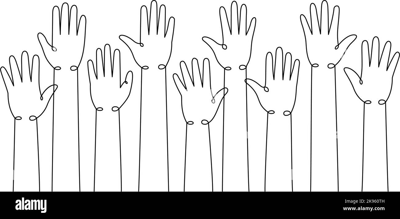 Set of hands up one line continuous drawing. Teamwork, collaboration ...