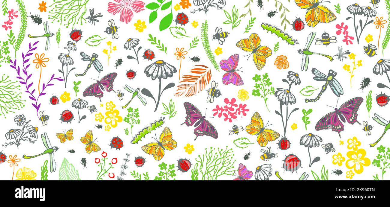 Mug design with flowers and insects. Horizontal background with cute ...