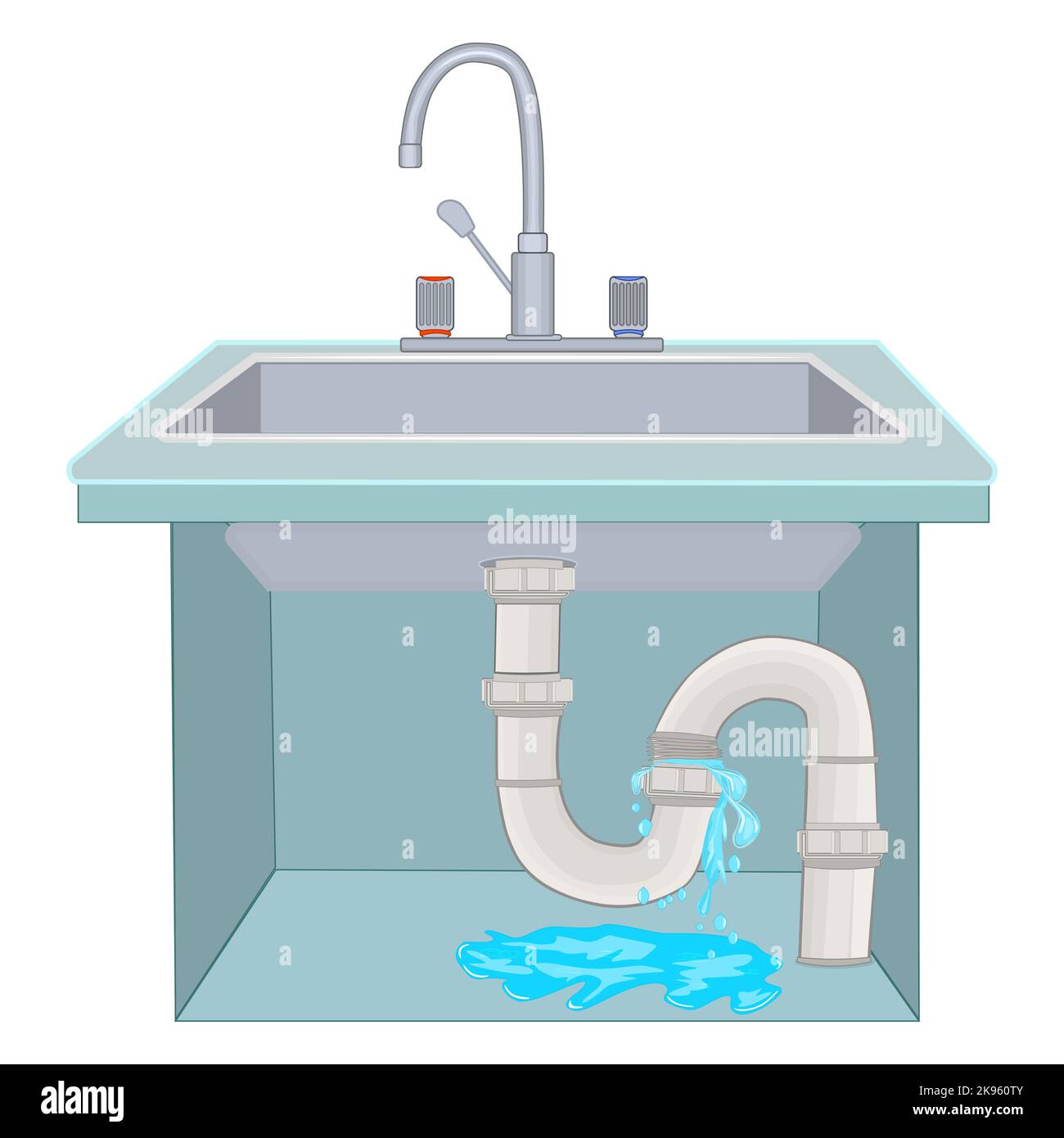 Kitchen sink with leaky plumbing pipe. Leaky valve, burst tube, crack ... Kitchen sink with leaky plumbing pipe. Leaky valve, burst tube, crack ...
