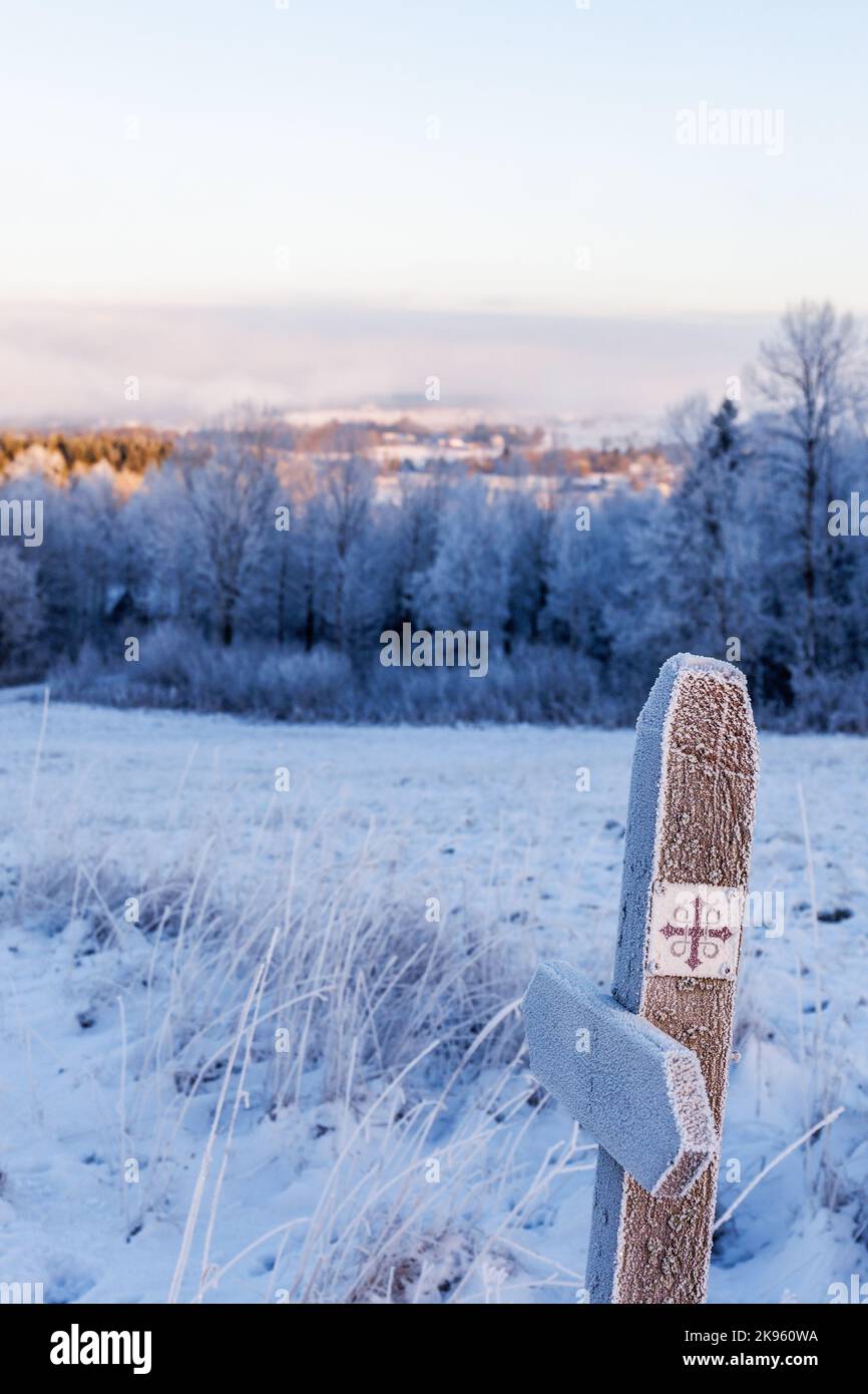 Frosty sign on a wooden pole for a pilgrims path Stock Photo - Alamy
