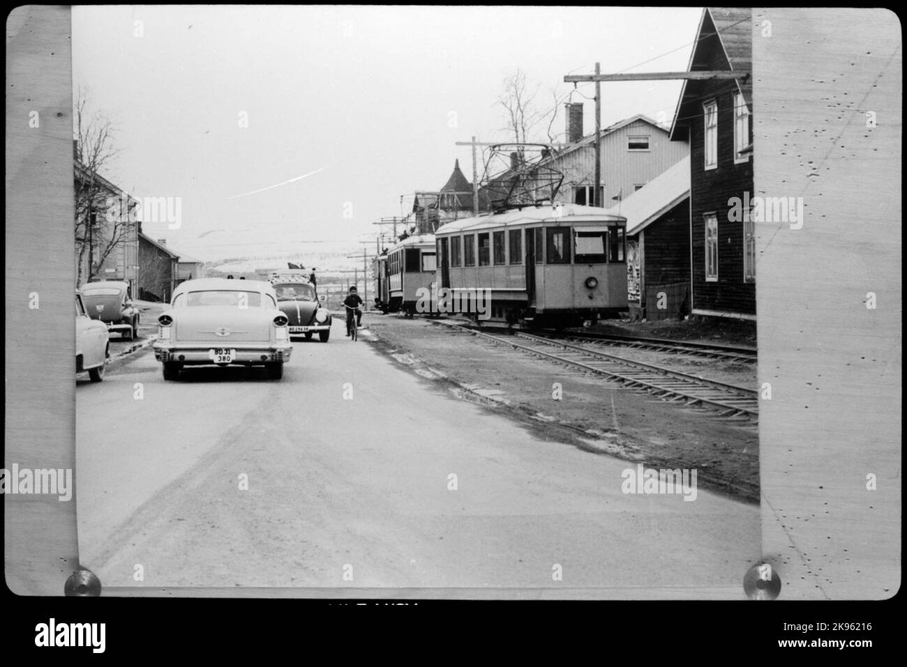 Luossavaara-Kiirunavaara Aktiebolag, LKAB trams at the meeting track on ...