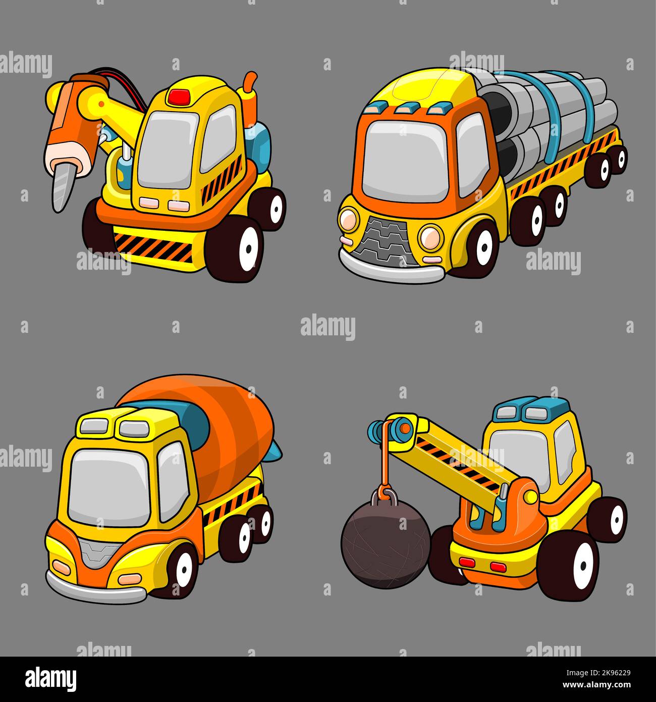 A pack of cartoon-style construction vehicles on the gray background ...