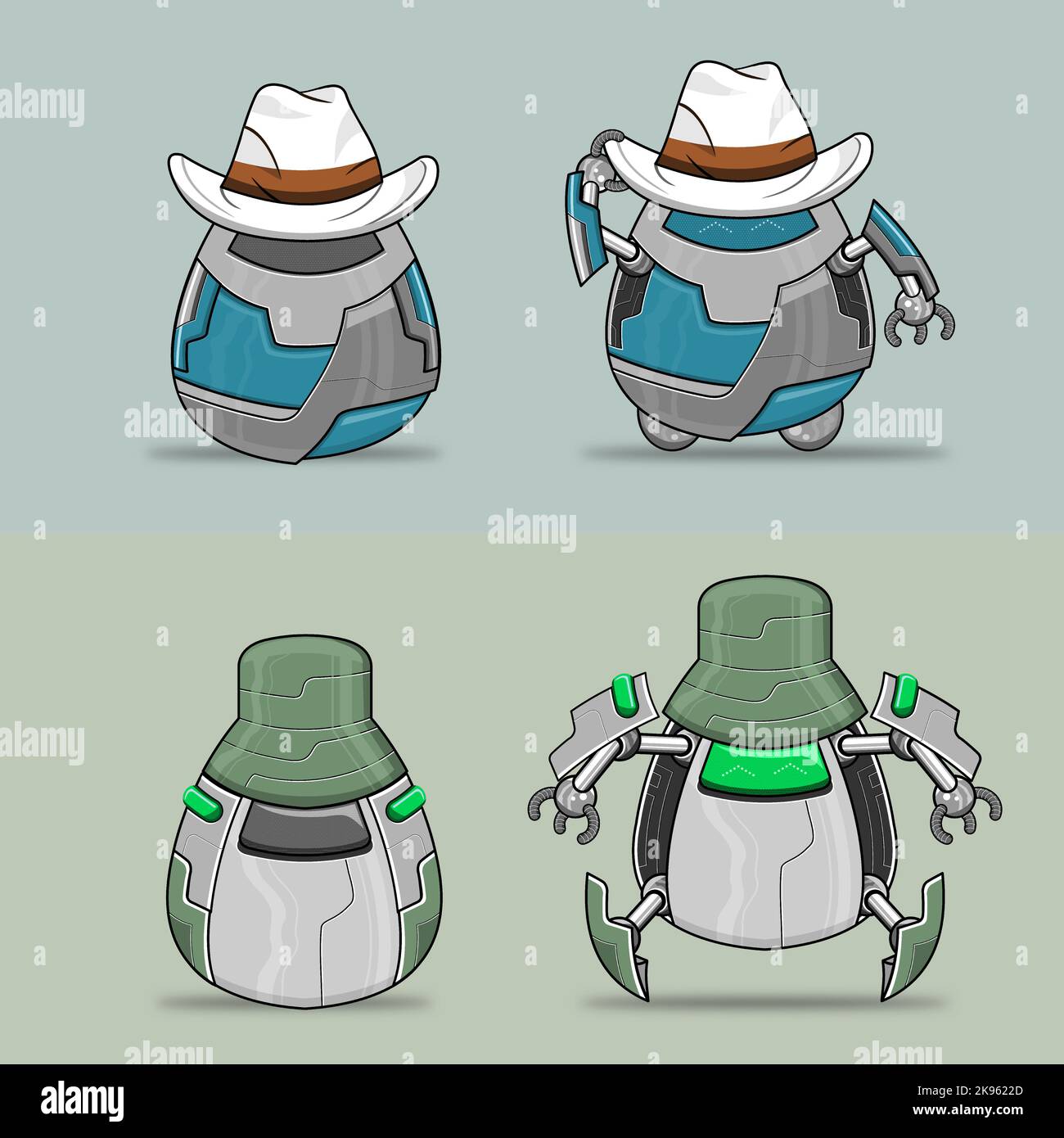 A pack of cartoon-style robots with hats on the gray background Stock ...