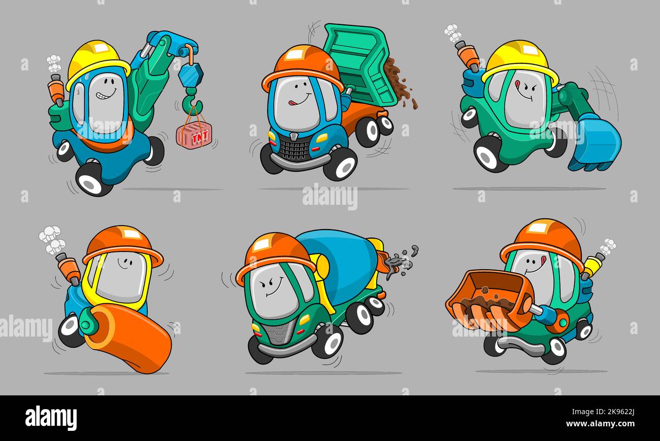 A pack of cartoon-style construction vehicles with cute faces, on the ...