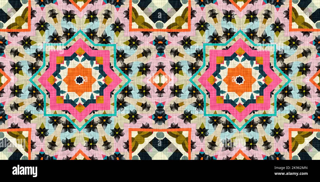 Kitsch pattern geometric retro design in seamless border background ...