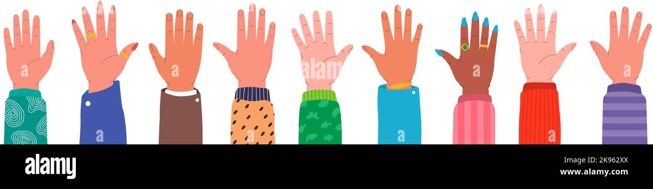 Set of hands raised up. Multi-ethnic and diverse hands raised up. Human ...