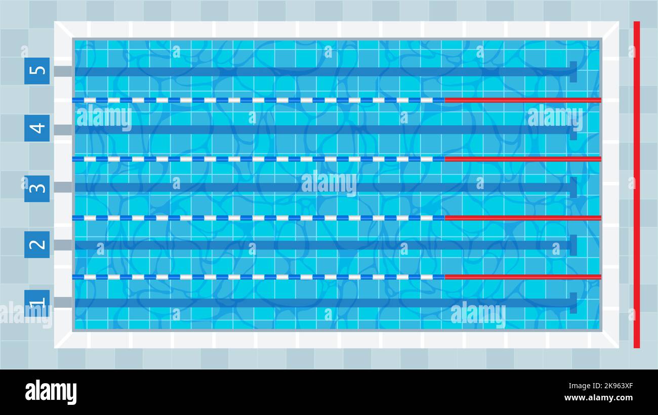 Swimming pool. Sport competition swim deep bath lanes top view, cartoon ...