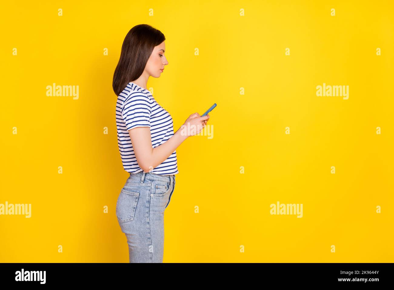 Profile side photo of serious pretty lady arm hold use telephone device ...