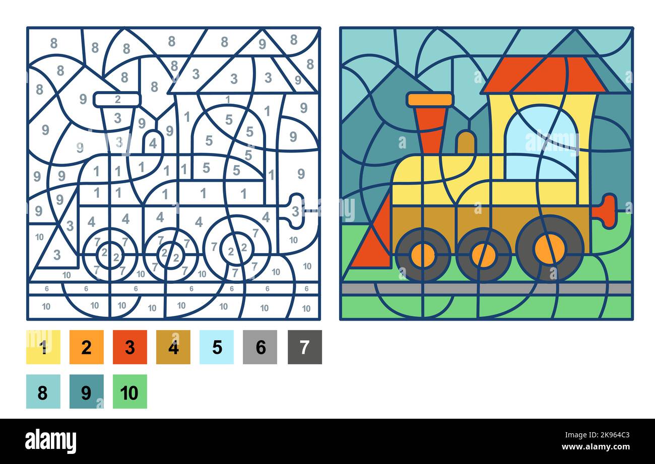 Puzzle game train locomotive, color by number sheet for children ...