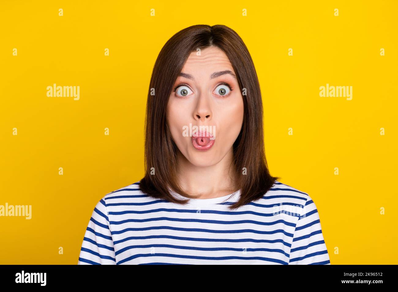 Photo portrait of lovely young woman staring rolled tongue out humorous ...