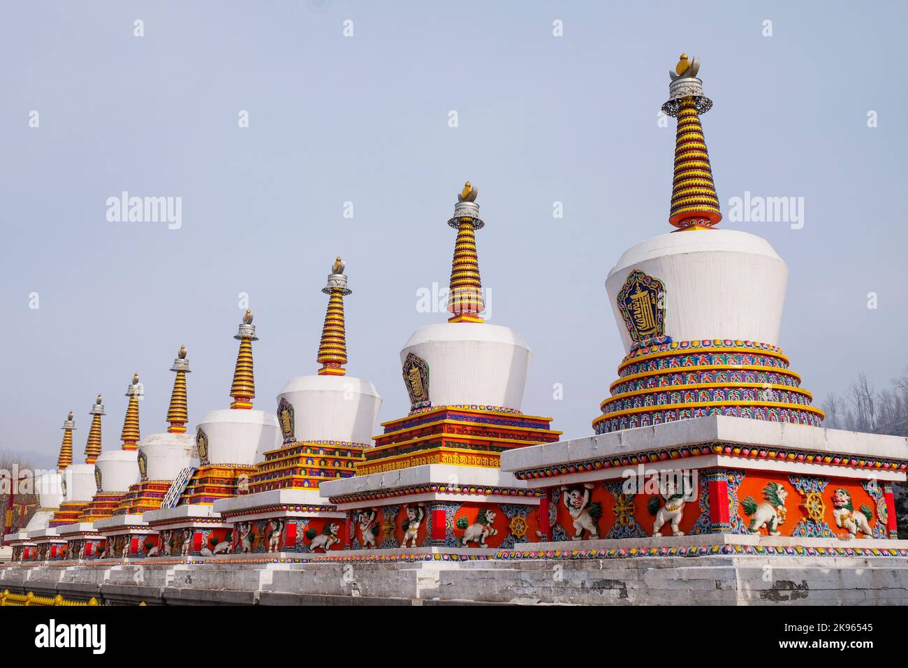 The Chorten stupas in Ta'er temple, Kumbum monastery with Tibetan snow ...