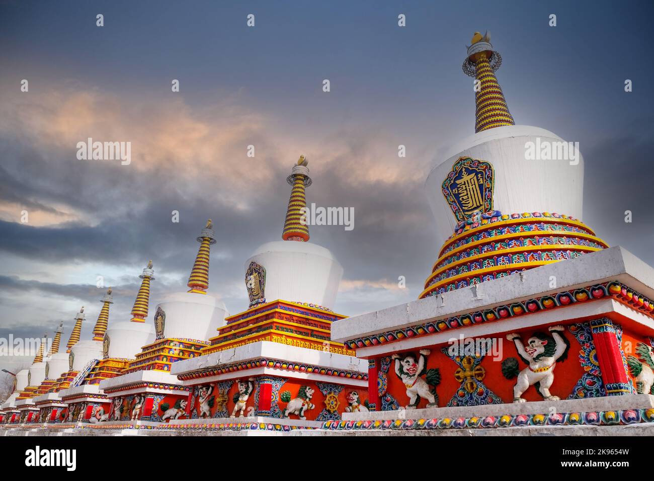 The Chorten stupas in Ta'er temple, Kumbum monastery with Tibetan snow ...