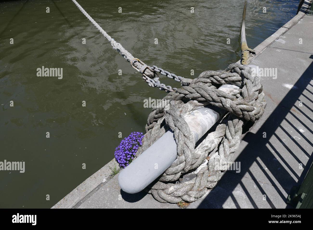 A weathered rope ties up a chain to a dock with an interesting knot ...