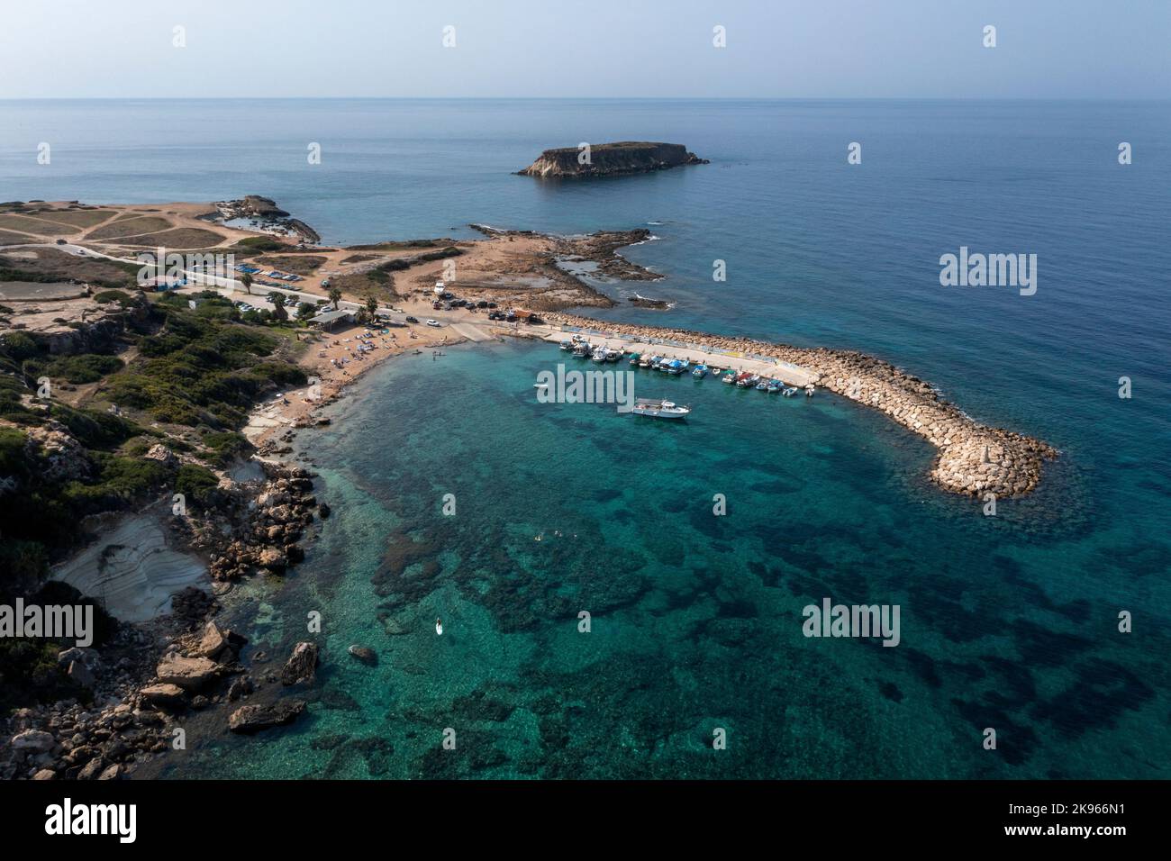 Aerial view of Agios Georgios (St Georges) harbour, Akamas, Paphos ...