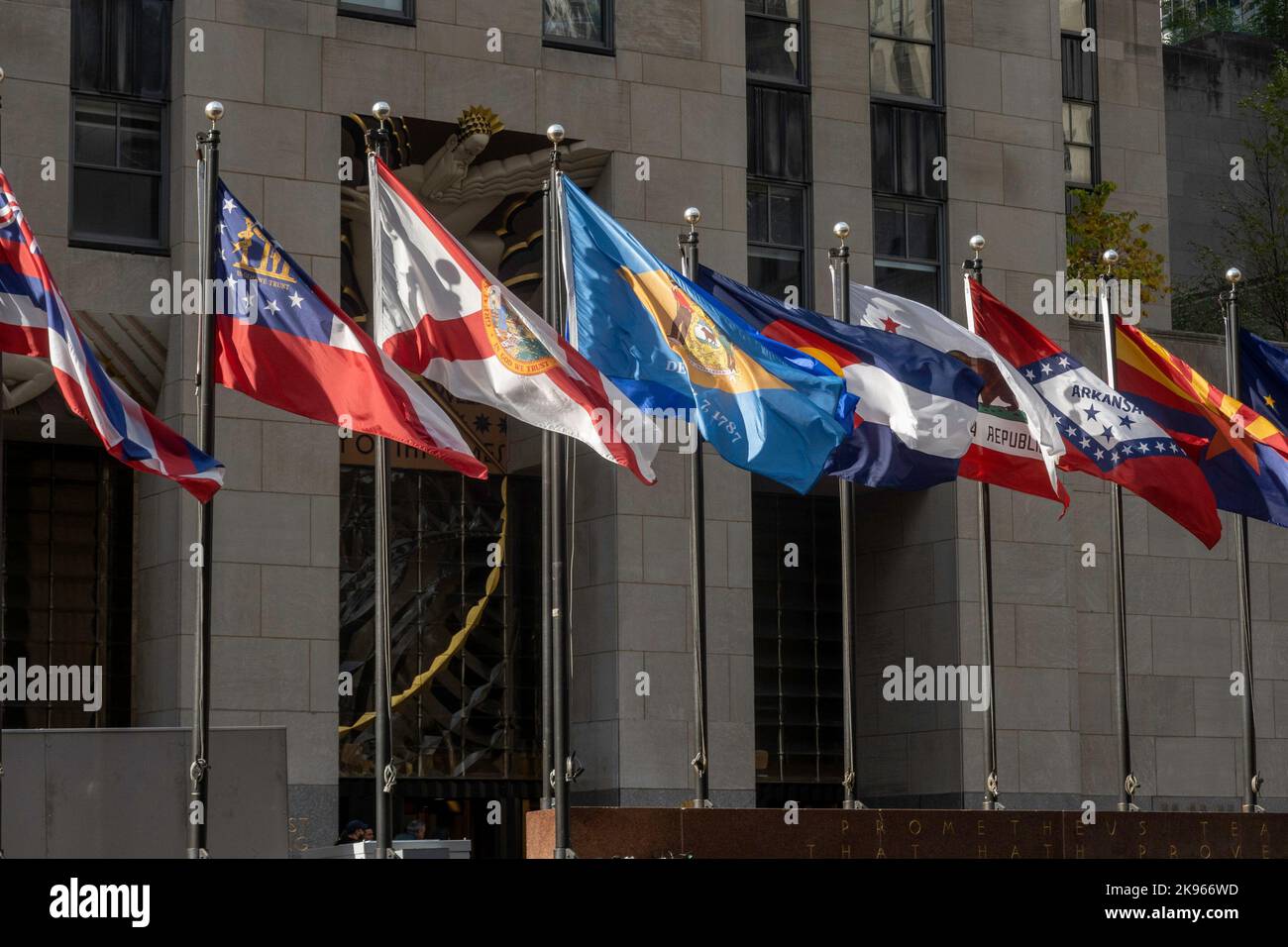State flags blow in the wind at Rockefeller Center in New York City ...