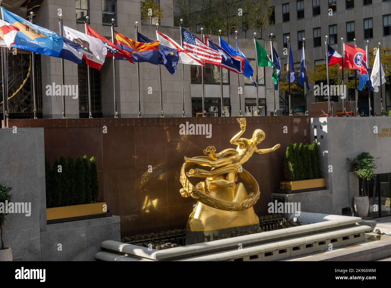The iconic Statue of Prometheus is located in Rockefeller Center Plaza ...
