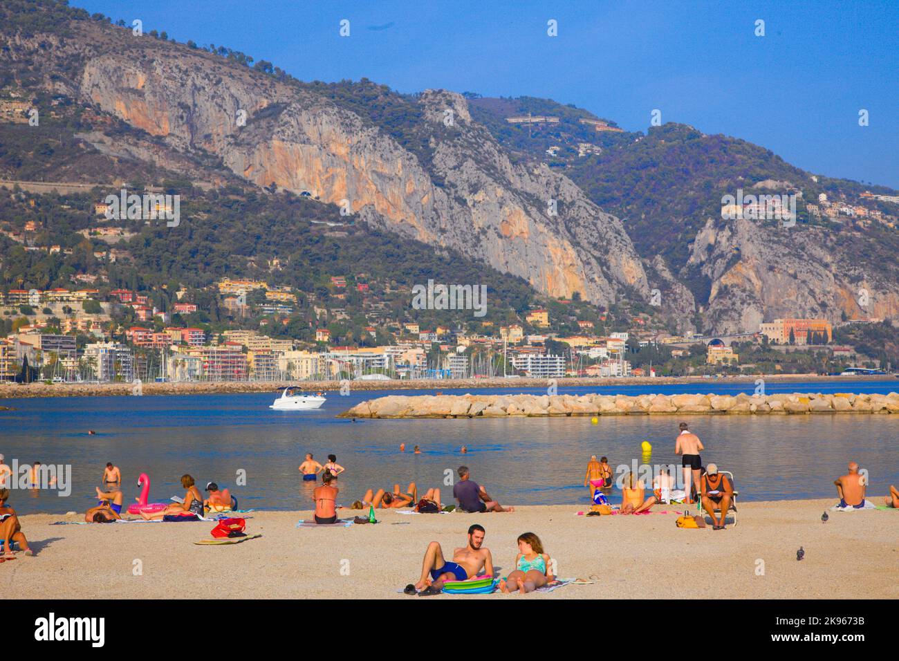 France, Cote d'Azur, Menton, Plage des Sablettes, beach, people Stock ...