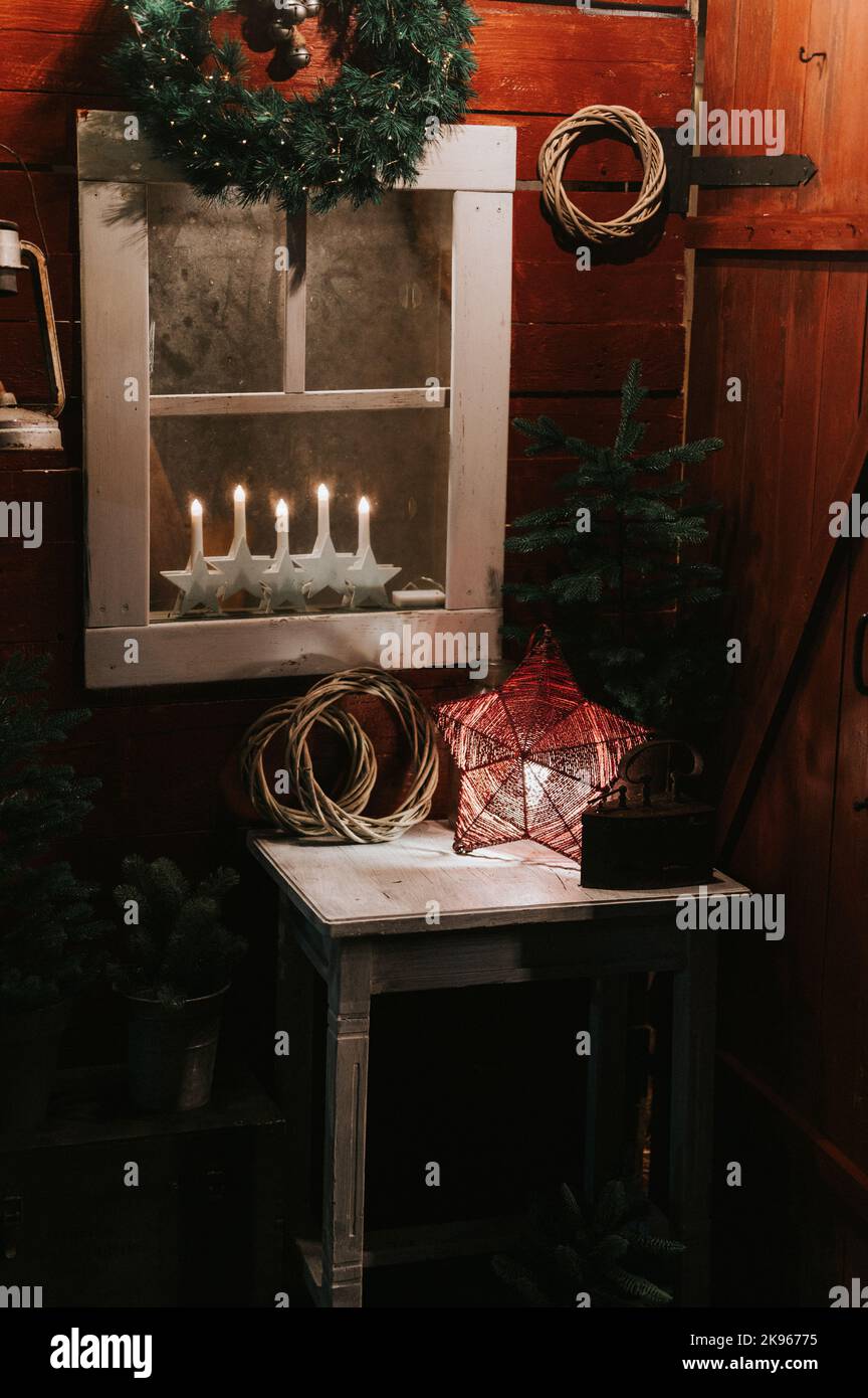 christmas and new year time. christmas decor of the exterior of a rural ...