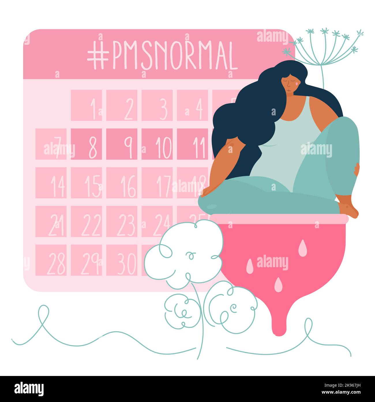 PMS calendar with body positive women relax, sittings on menstrua cup ...