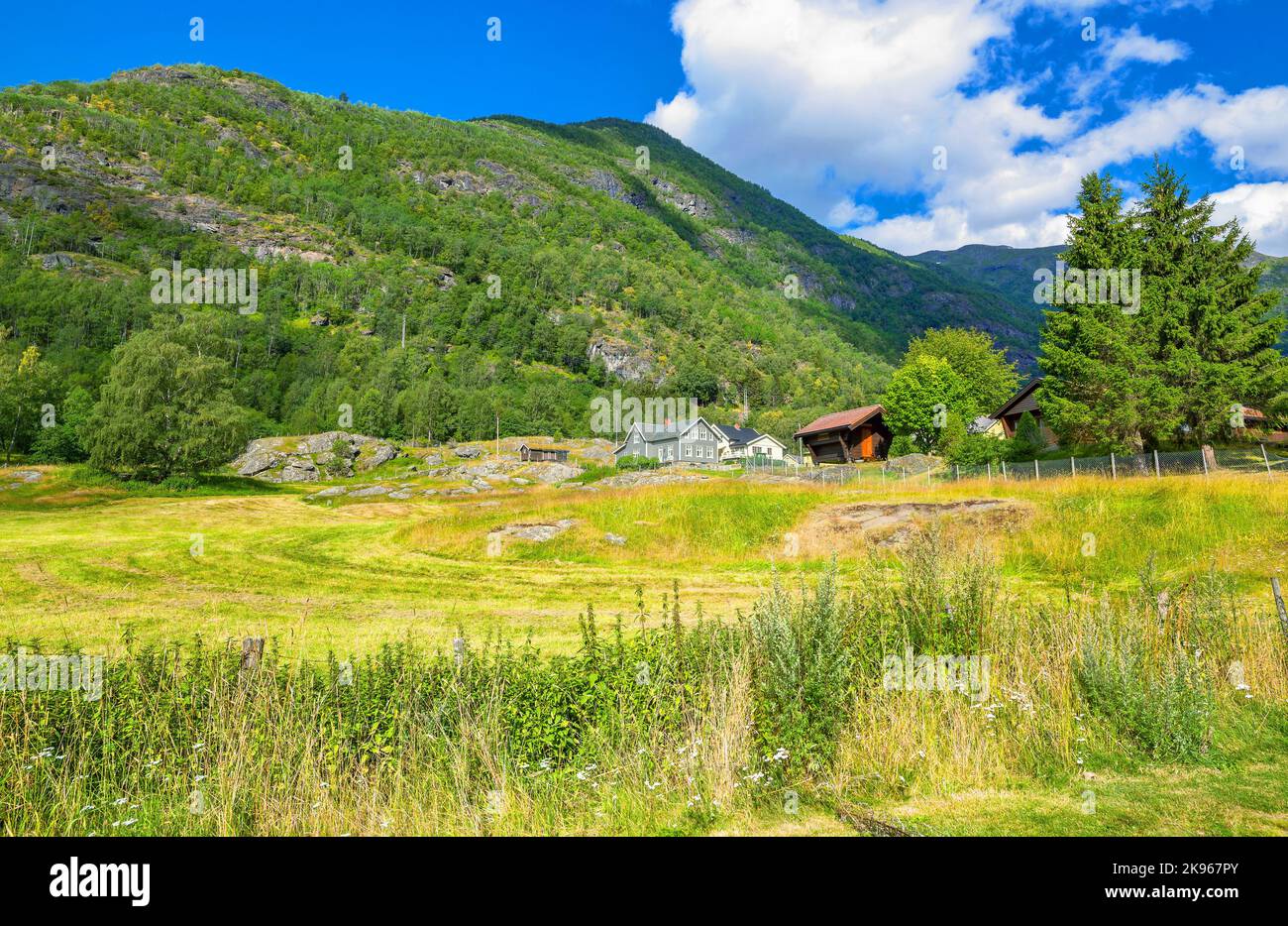 Norwegian rural landscape with green meadow and farm house in mountains ...
