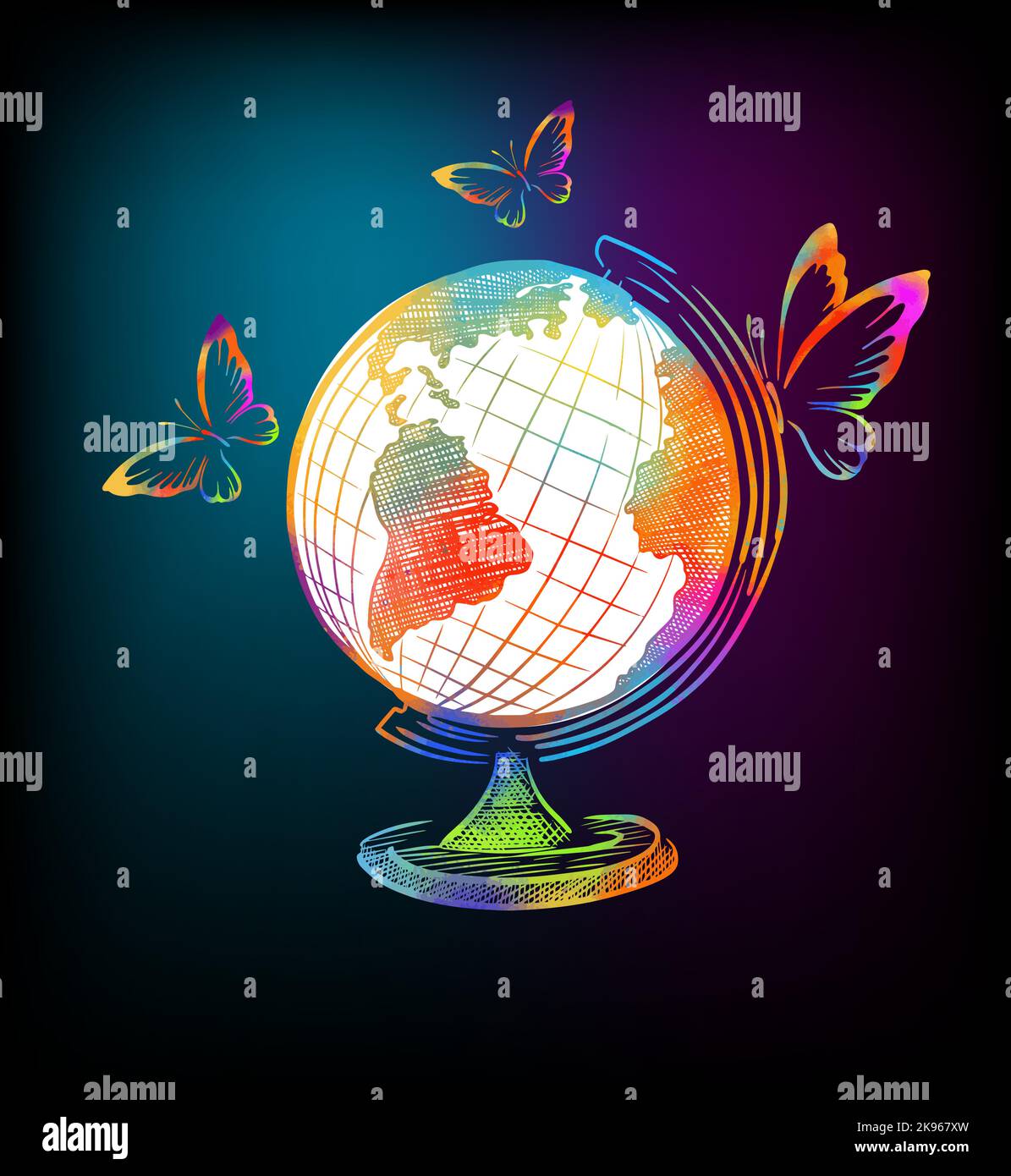 Colorful abstract world symbol. Globe colored with butterflies. Vector ...