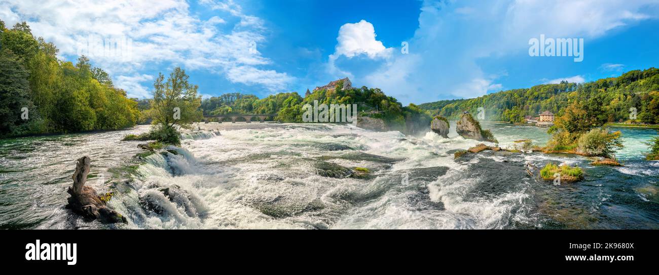 Panoramic landscape of beautiful Rhine Falls. Largest waterfall in ...