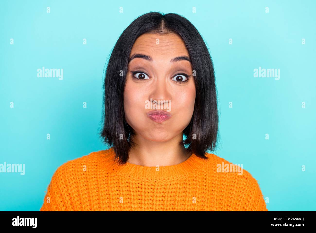 Photo of childlike positive excited girl with straight hairdo dressed ...
