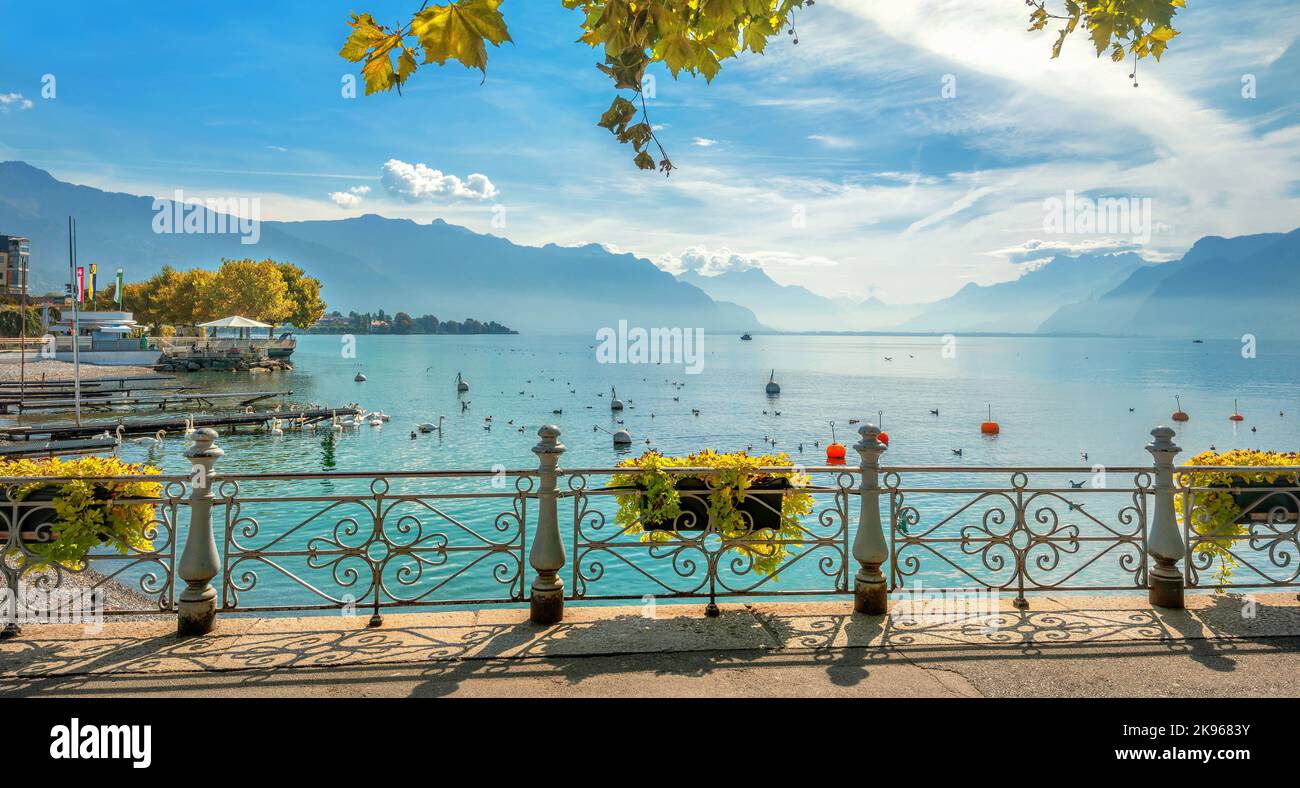 Panoramic view of Geneva Lake from waterfront in Vevey town. Vaud ...