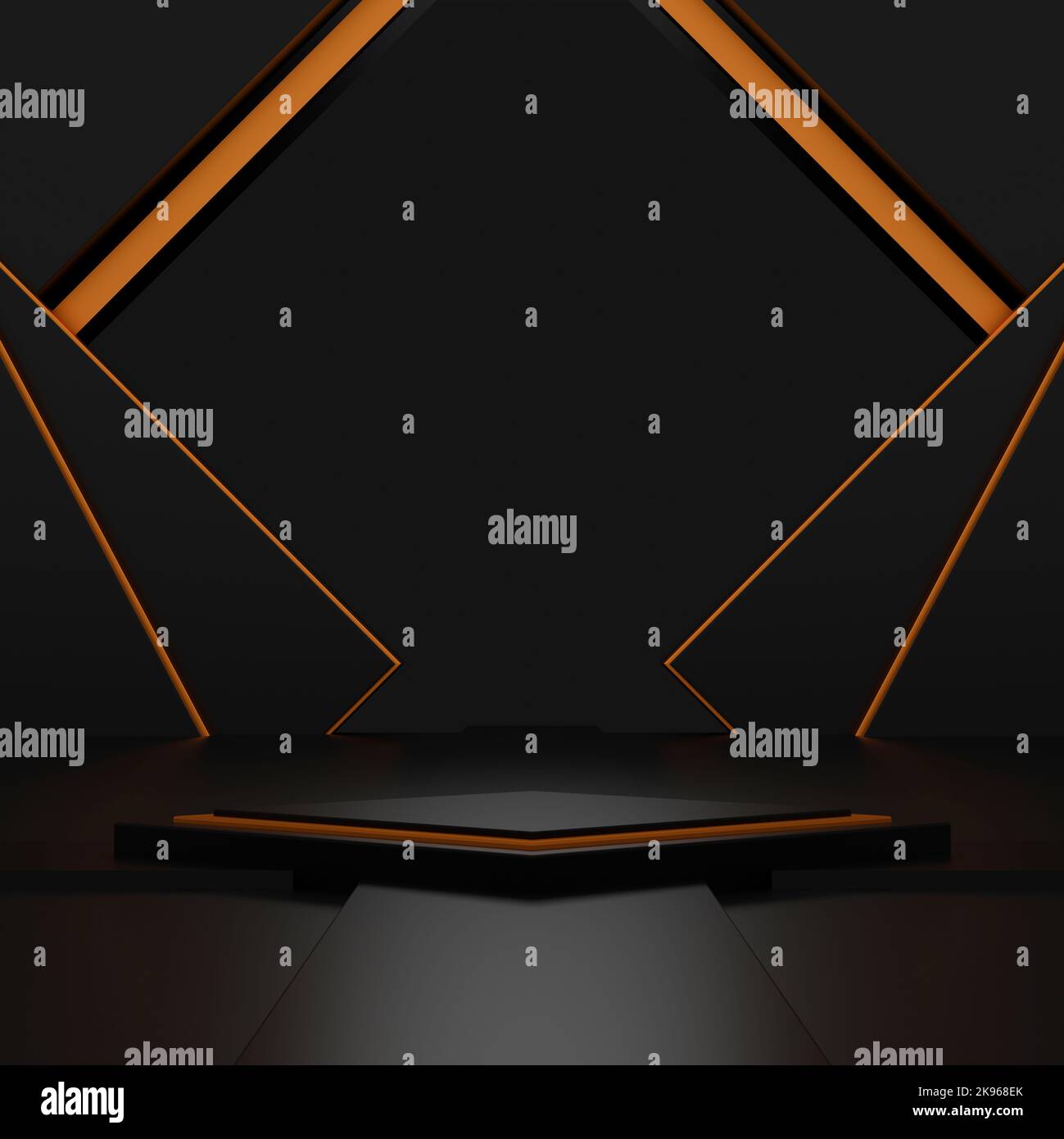 black geometric stage podium and neon light. dark scientific background ...