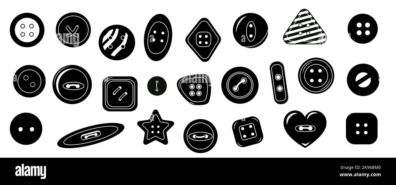 Black clothing buttons. Simple sewing textile accessories icons, round ...
