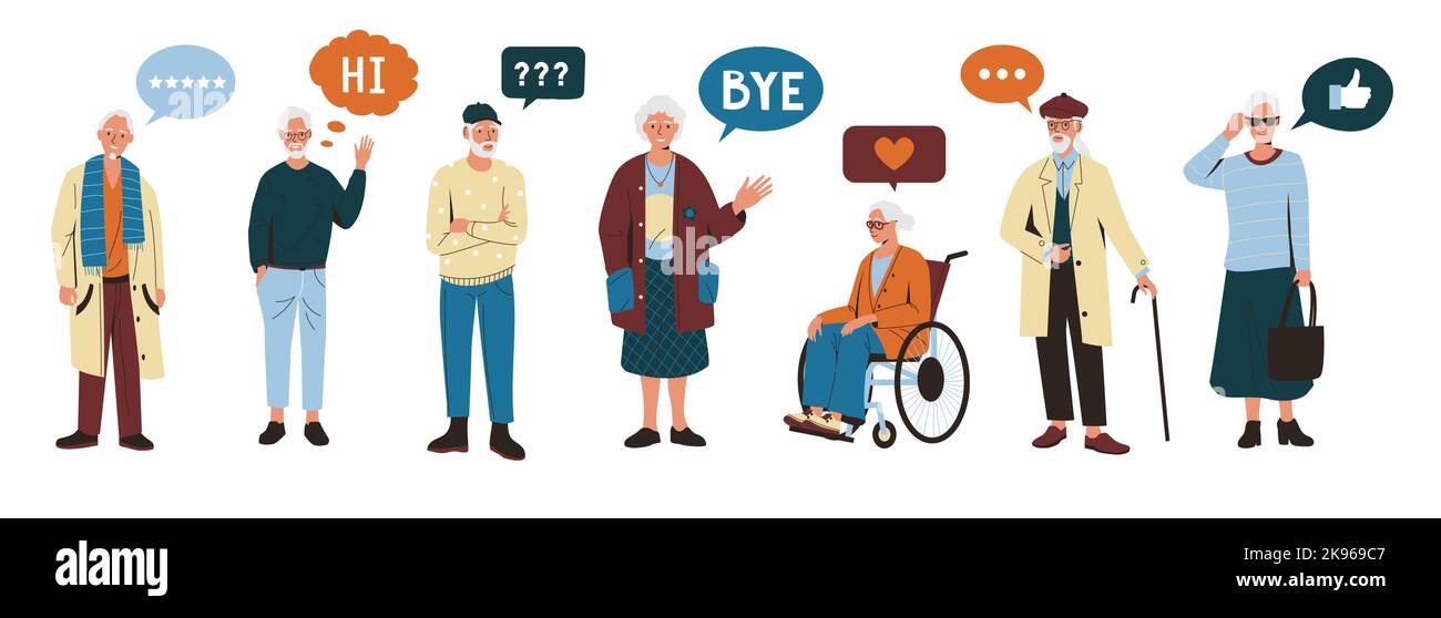 Old people with chat bubble. Cartoon senior male female characters with ...