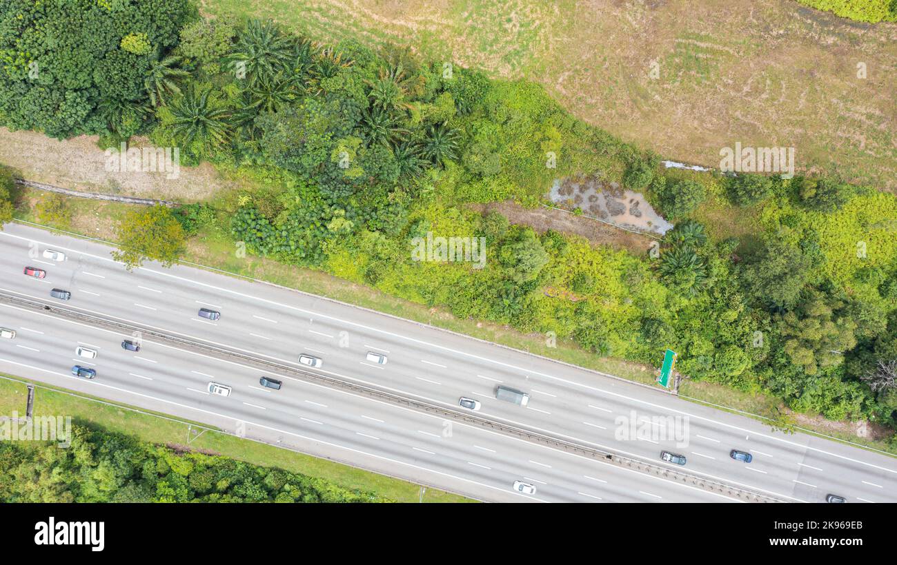 Aerial view directly above a six lane highway. Top view of asphalt road ... Aerial view directly above a six lane highway. Top view of asphalt road ...