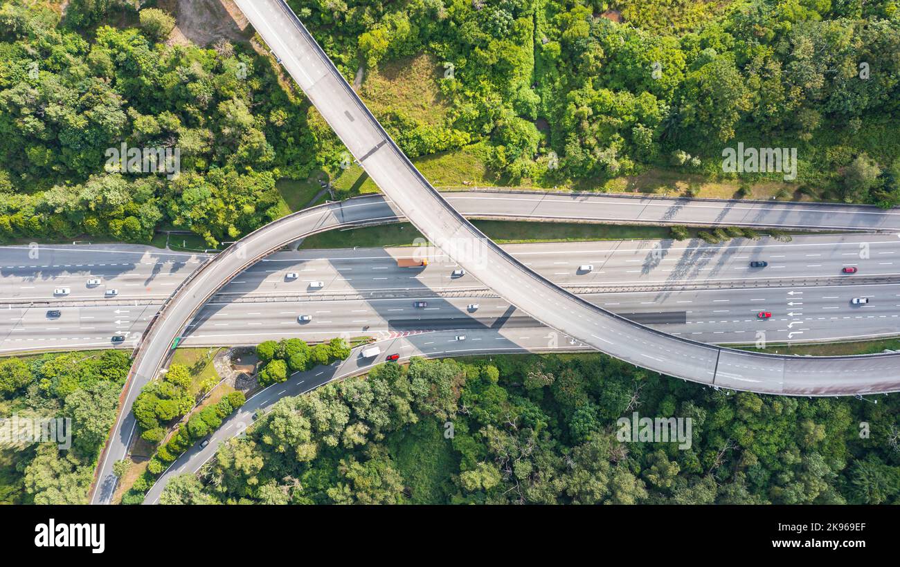 Aerial view directly above a six lane highway. Top view of asphalt road ...