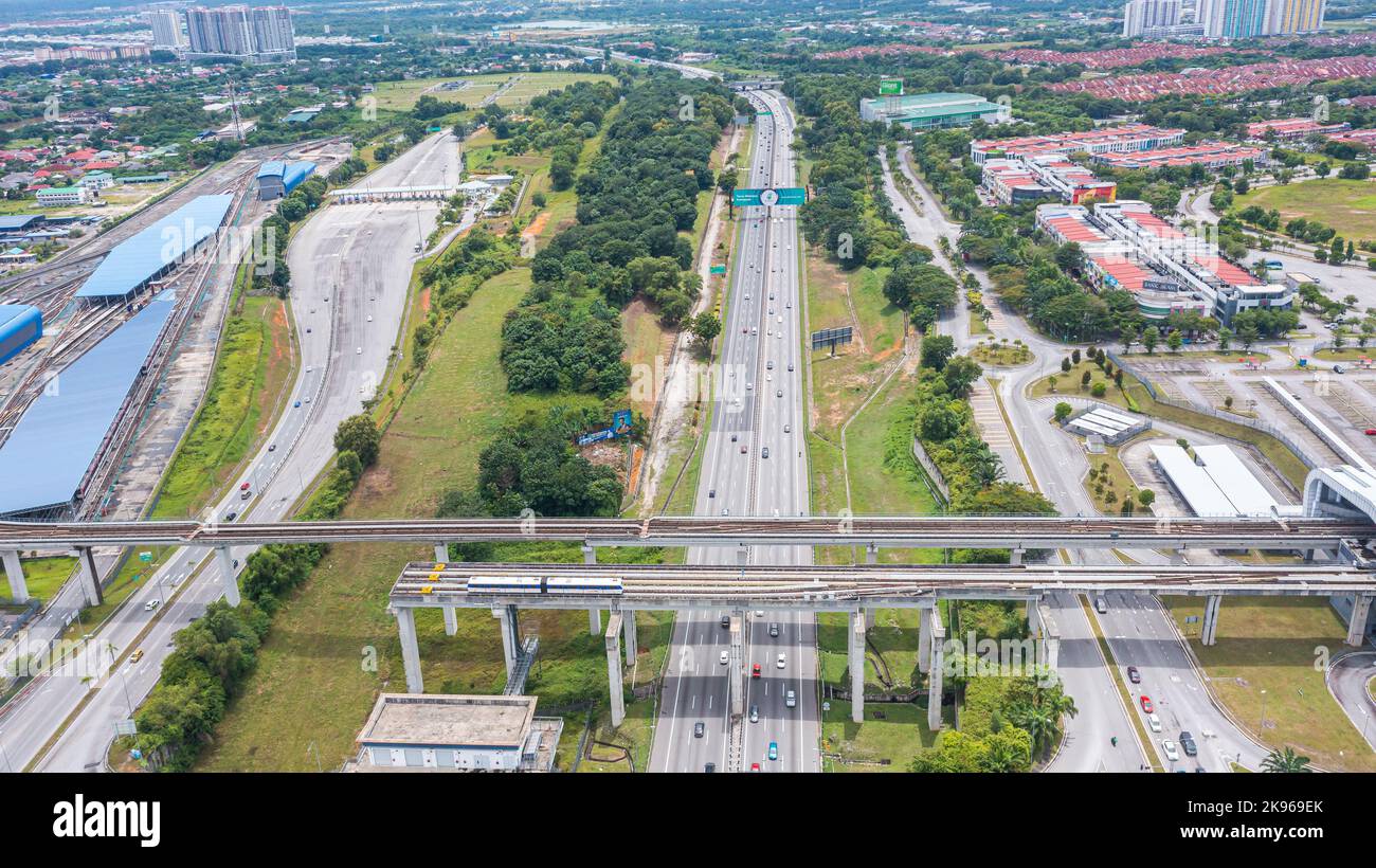 Malaysia - October 9, 2022: Aerial view of a highway with railway ...