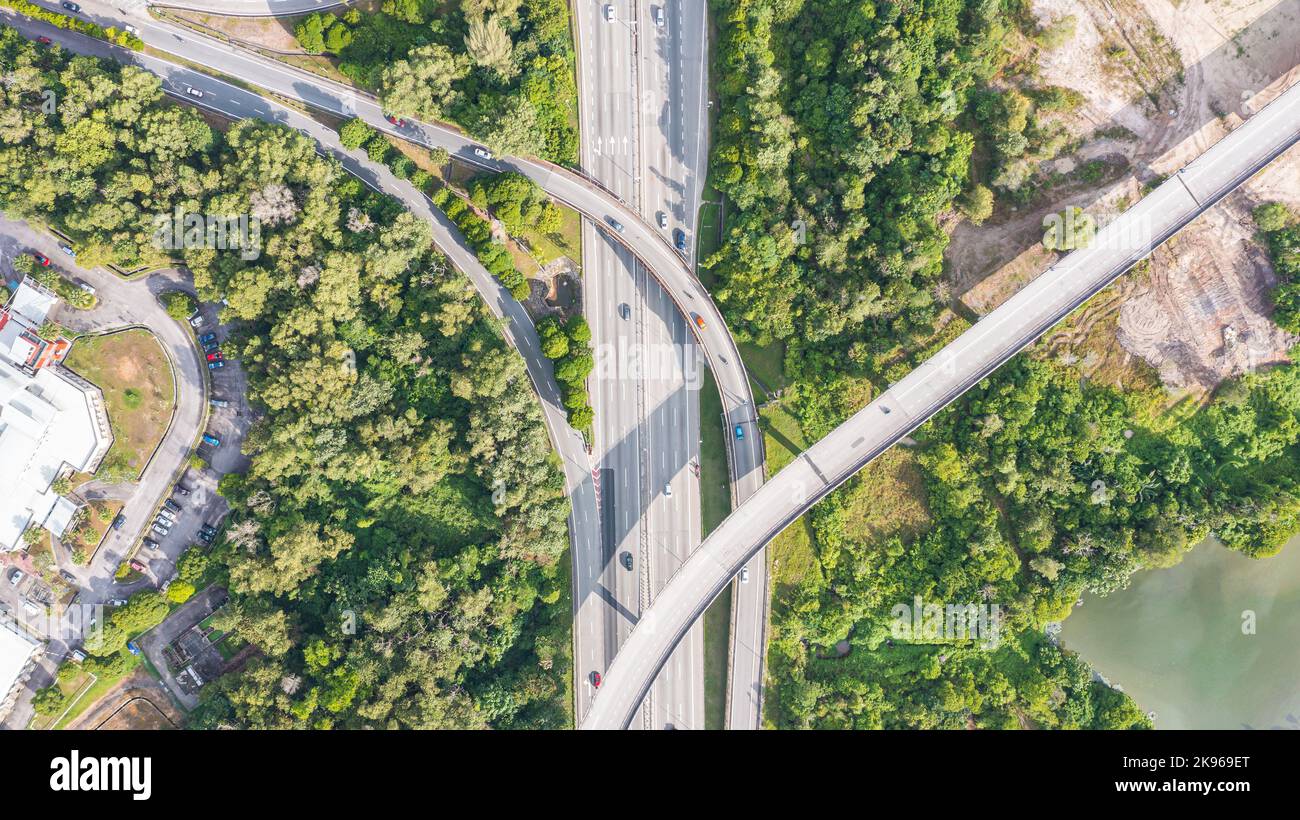 Aerial view directly above a six lane highway. Top view of asphalt road ...