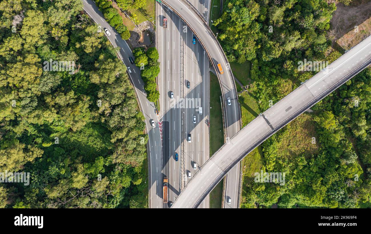 Aerial view directly above a six lane highway. Top view of asphalt road ...